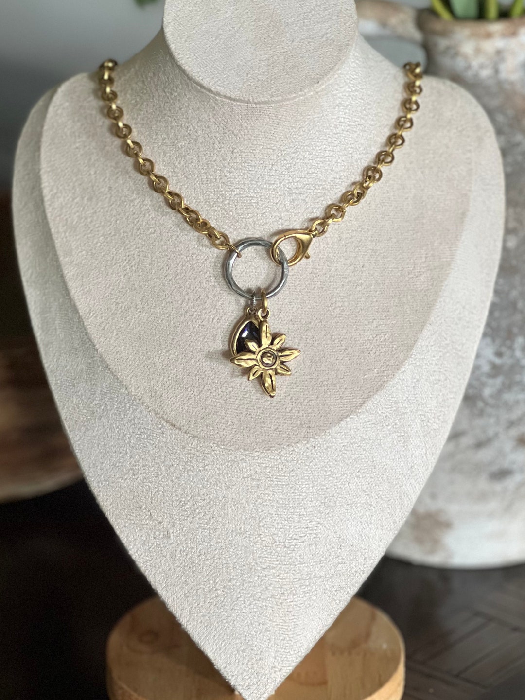 Mixed Metal Gold Chain With Silver Accent flower & Smokey Crystal Charm ...