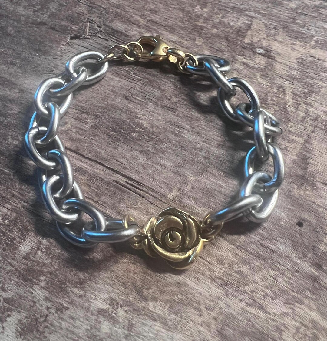 Mixed Metal Chain Link Bracelet With Rose Connector. - Etsy