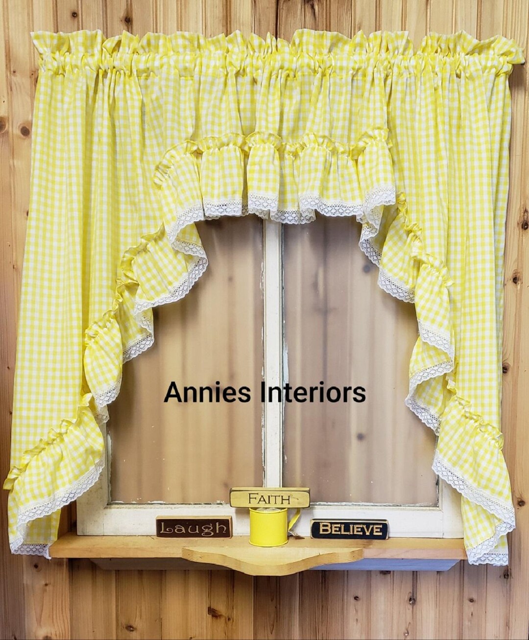 Yellow Gingham Check Farmhouse Ruffled Curtain Valance Swag Valance 80 ...