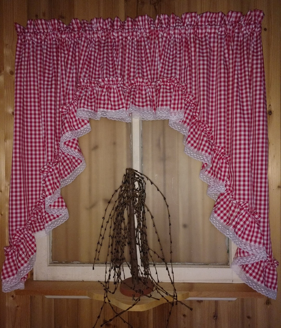 Red Gingham Ruffled Swag Valance: Farmhouse Country Curtain With Lace ...