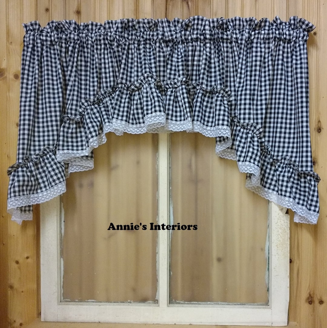 Farmhouse Black Gingham Ruffled Swag Valance With Lace (80"x36") - Etsy