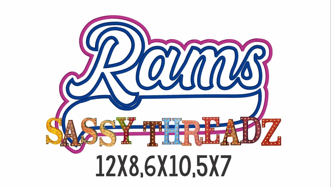 Satin Stitch Rams Double Stacked Retro Script Athletic Tail Applique ...