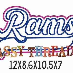 Satin Stitch Rams Double Stacked Retro Script Athletic Tail Applique ...