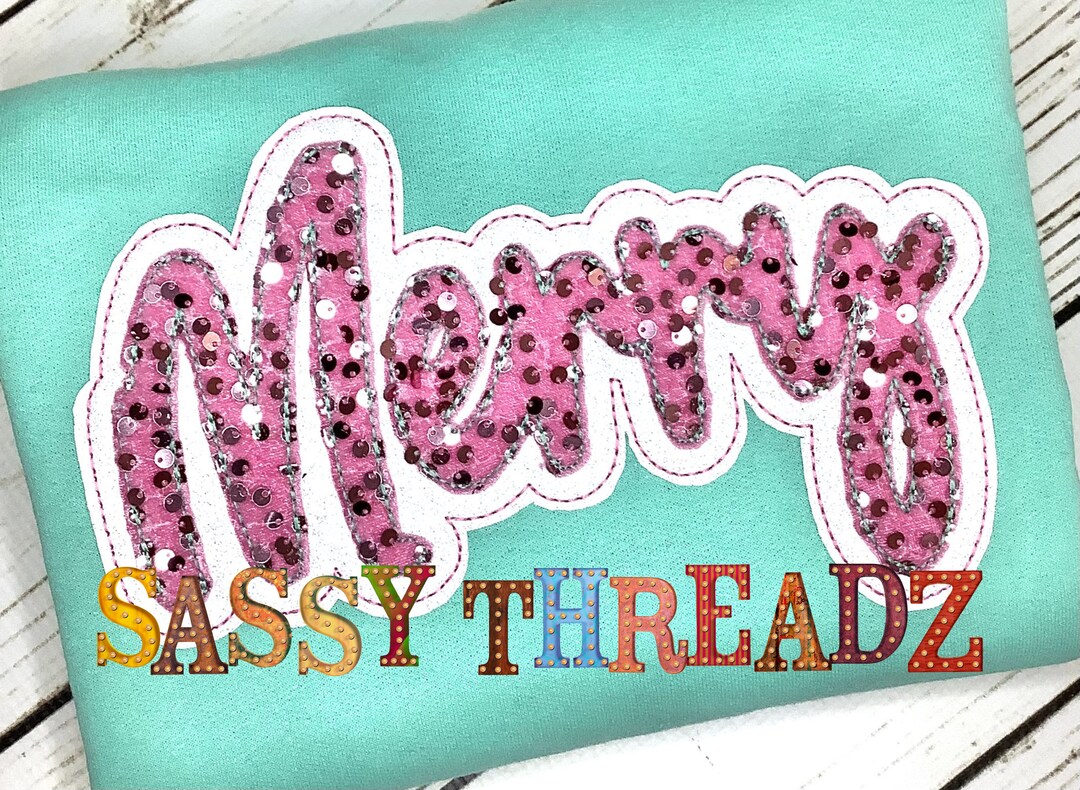 Merry Double Stacked Bean Stitch Script Cursive Applique Embroidery ...