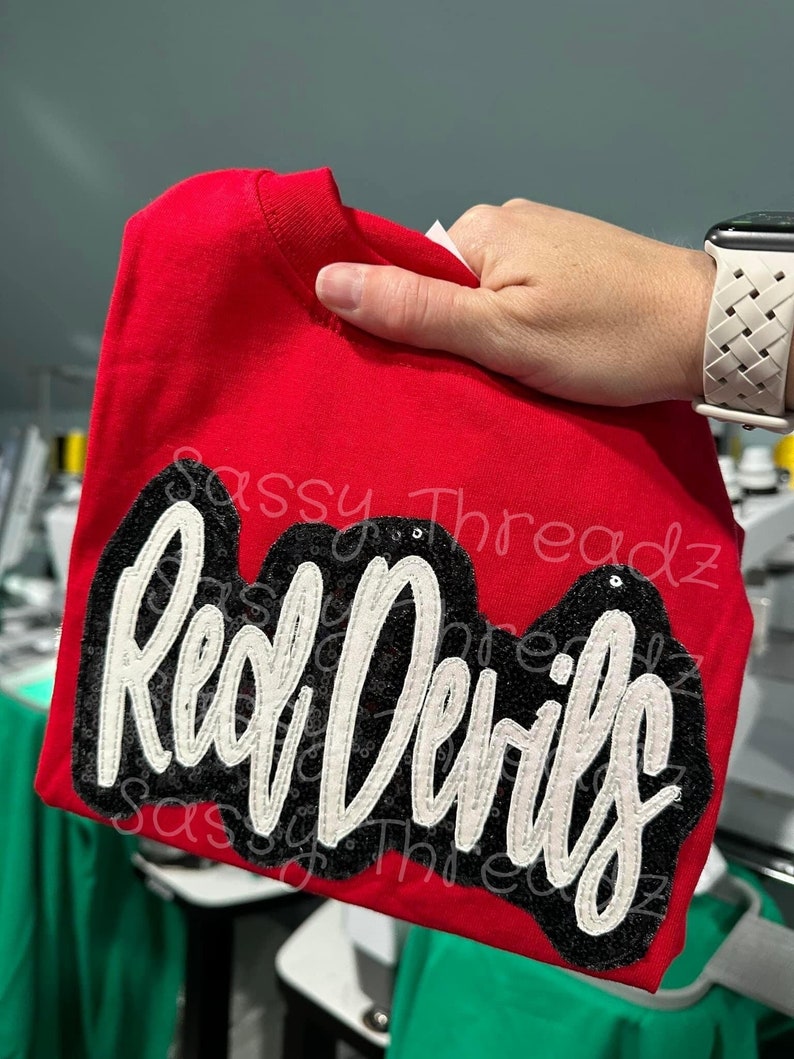 Bean Stitch Red Devils Double Stacked Script Applique Embroidery ...