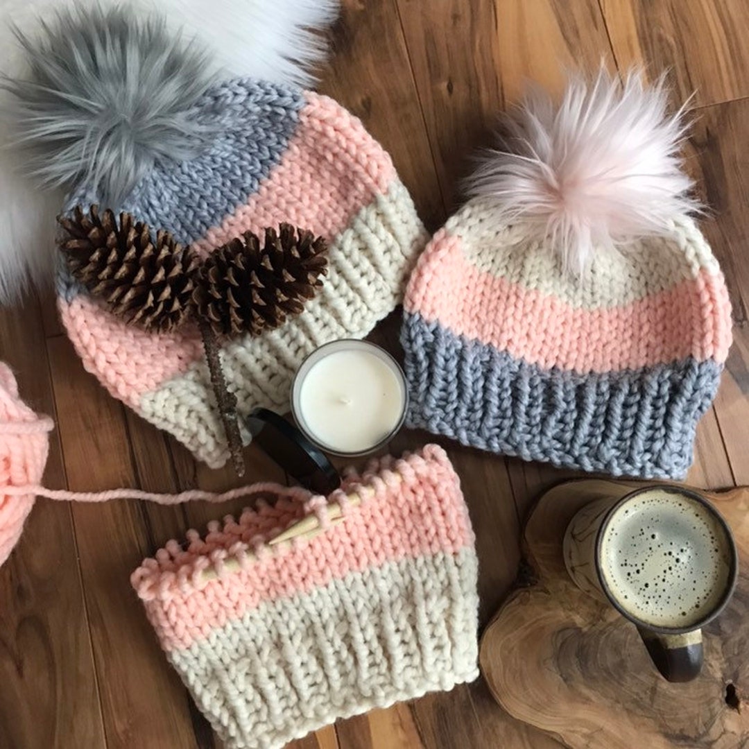 KNITTING PATTERN DIY Beanie Hat Pattern the Mountaineer Color Block Pom ...