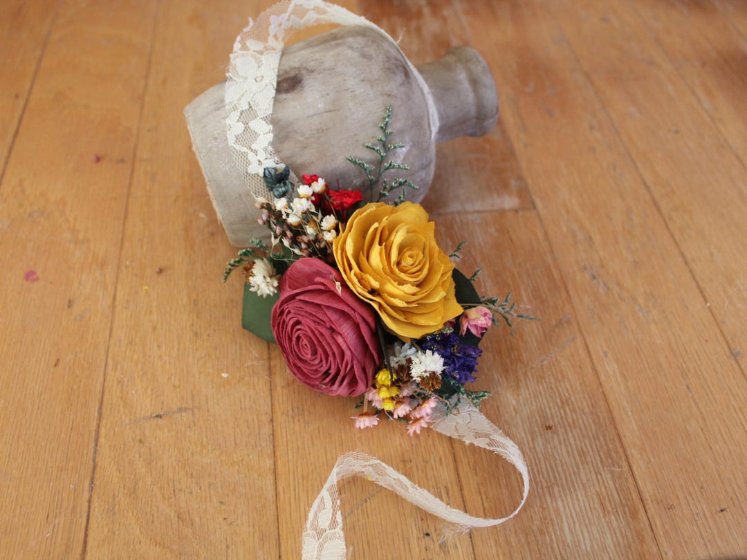 Wood Flower Wildflower Wrist Corsage With Dried Florals in Shades of ...