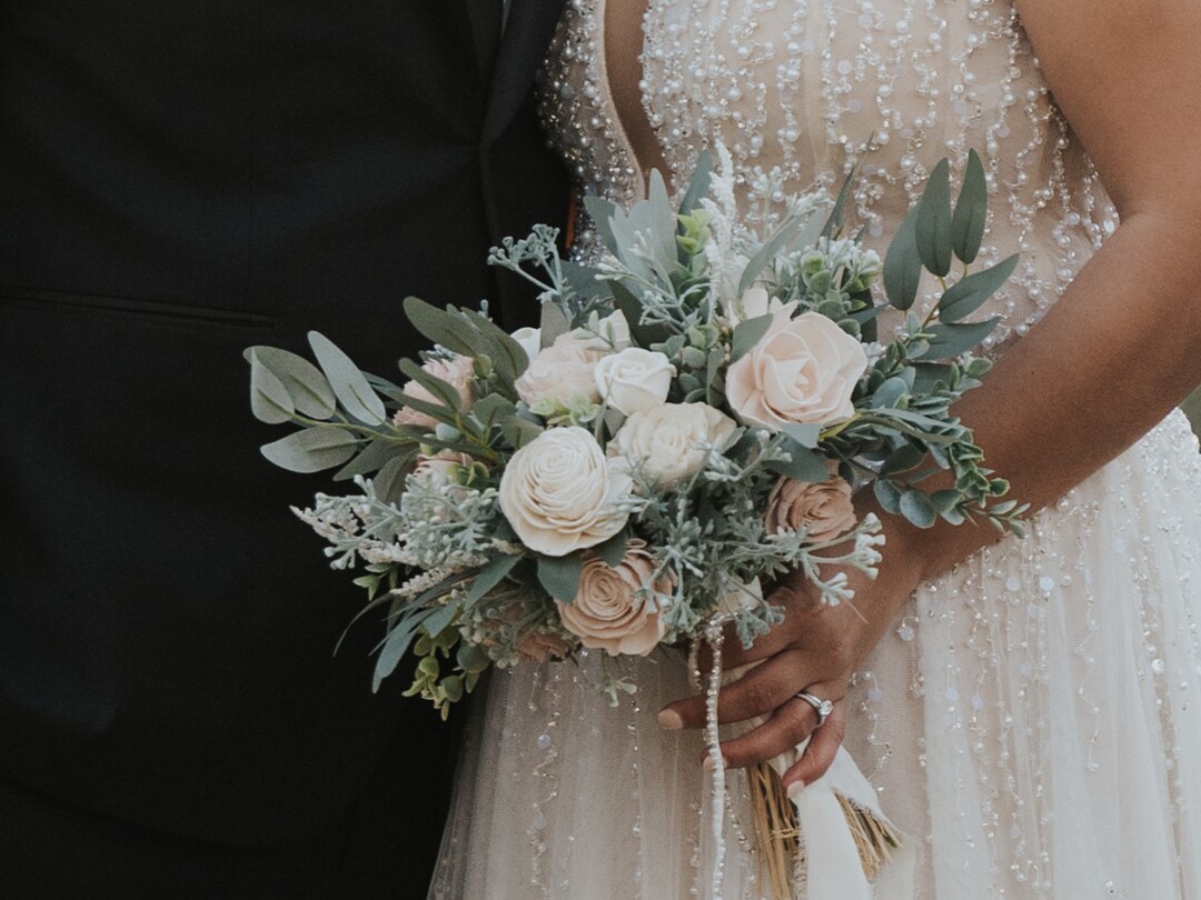 MACI | Wood Flower Wedding Bouquet With Sola Wood Flowers and Faux ...