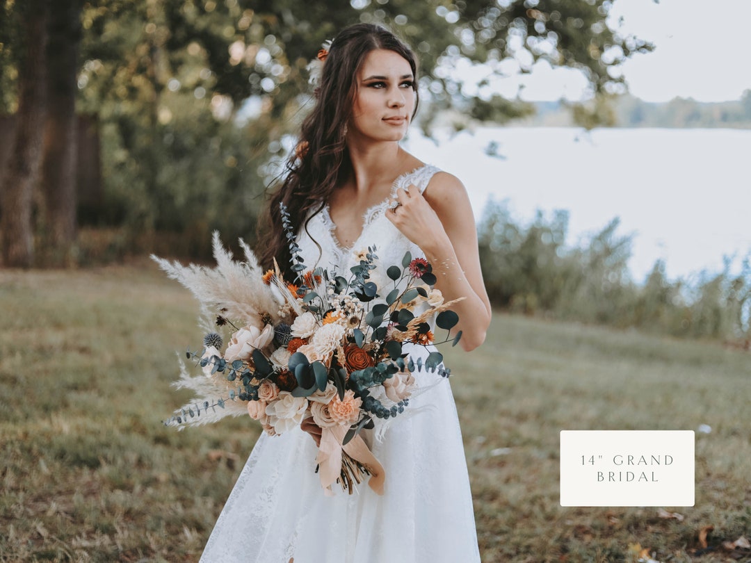 KATNISS | Dried Wood Flower Wildflower Wedding Bouquet With Pampas ...