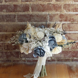 LILAH | Wood Flower Wedding Bouquet in Dusty Blue and Ivory - Etsy