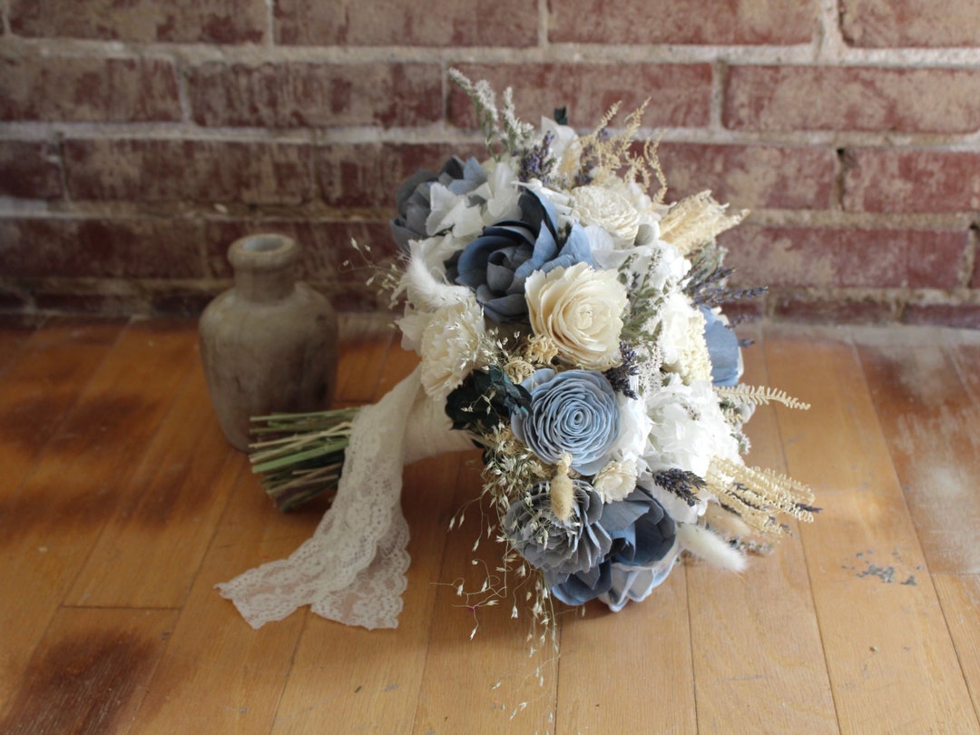 LILAH | Wood Flower Wedding Bouquet in Dusty Blue and Ivory - Etsy