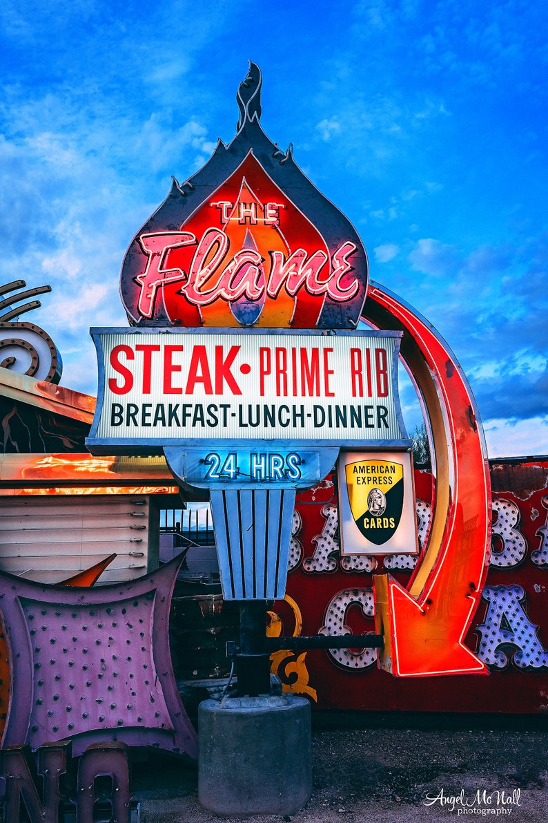 Retro Las Vegas Sign Print, the Flame Steakhouse Sign, Classic Neon ...