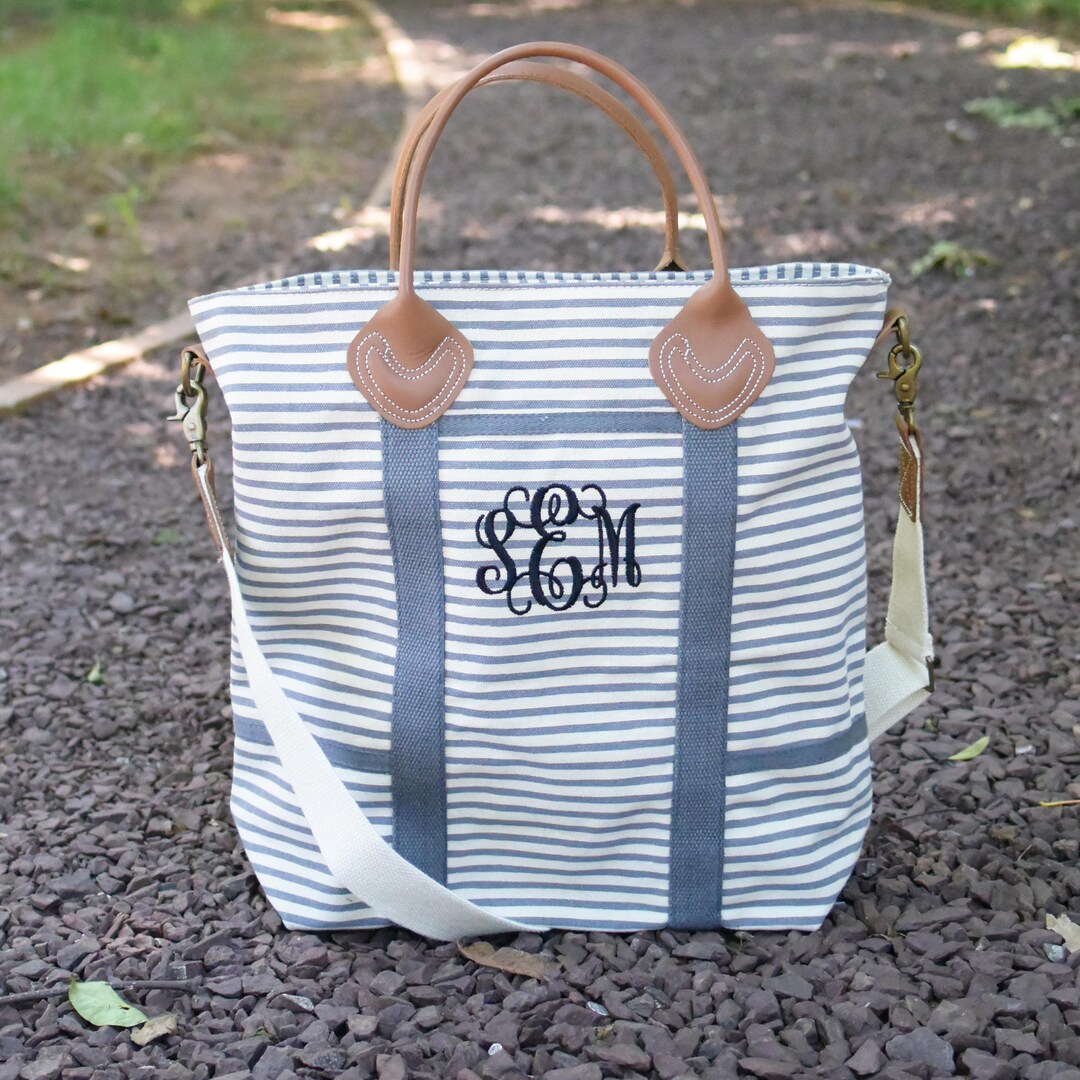 Monogrammed Tote Bag, Striped Tote With Leather Handle Embroidered Tote ...