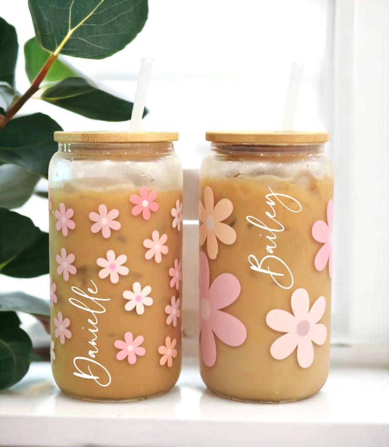 Glass Tumbler Personalized Flower Iced Coffee Cup With Name, Custom ...