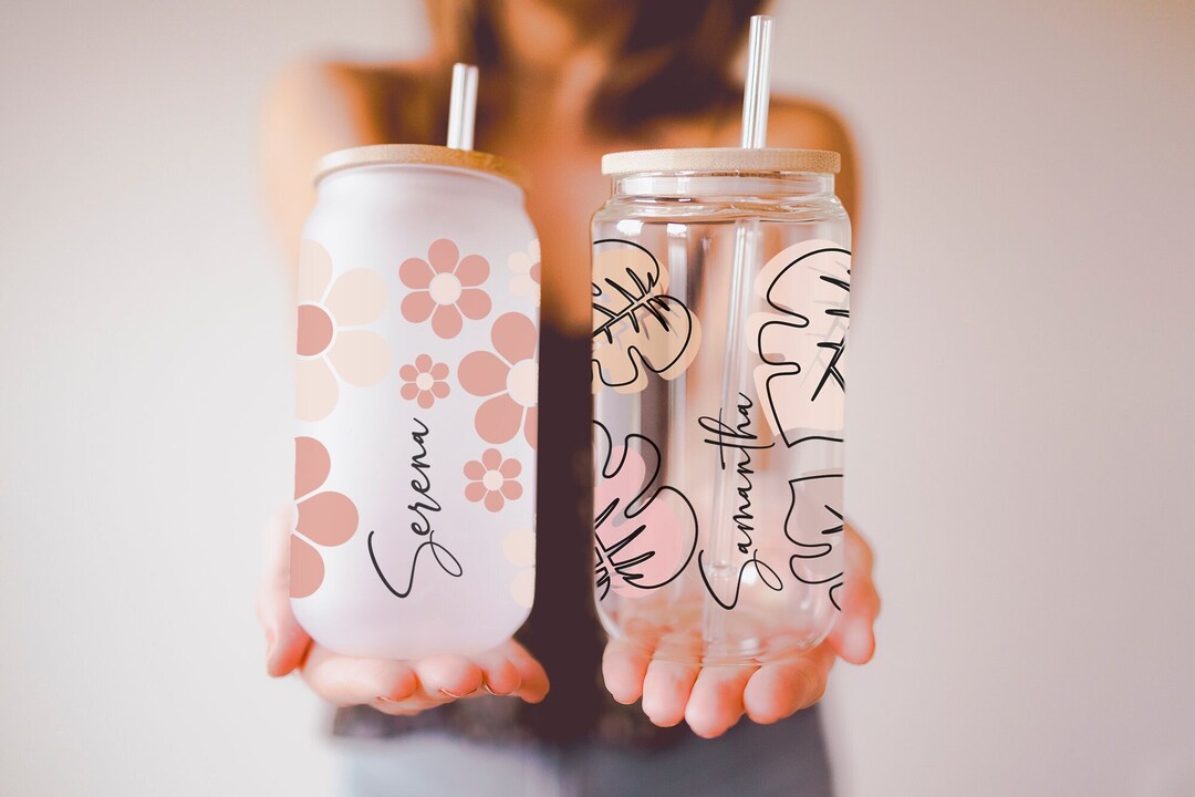 Personalized Iced Coffee Cup Floral Retro, Custom Can Glass With Lid ...