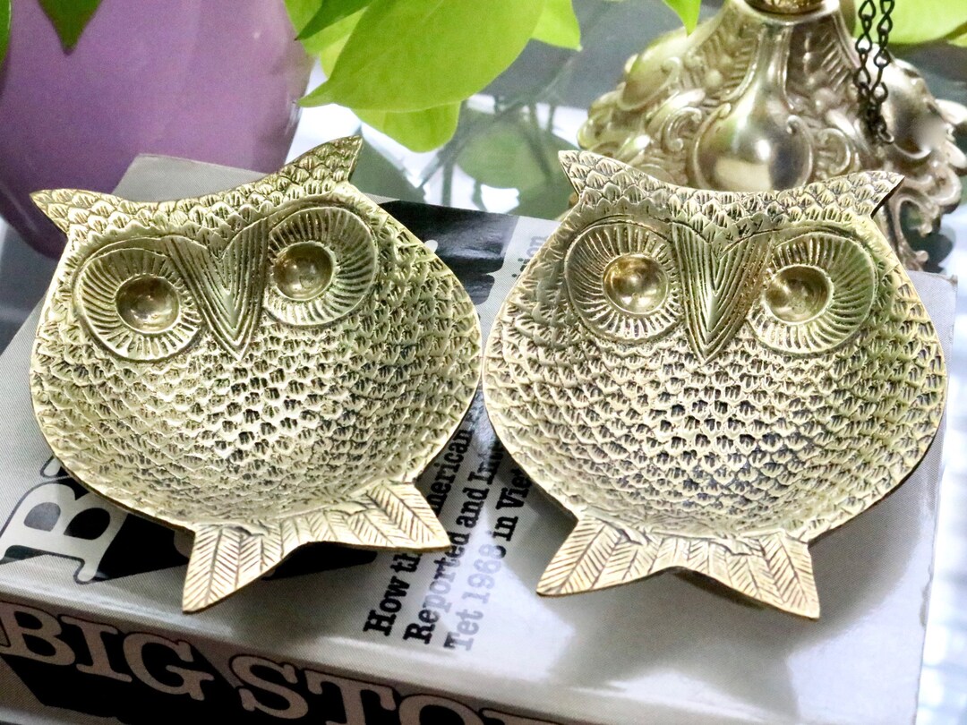 Vintage Brass Owl Trays - Pair of 2 Gold Metal Textured Catchall ...