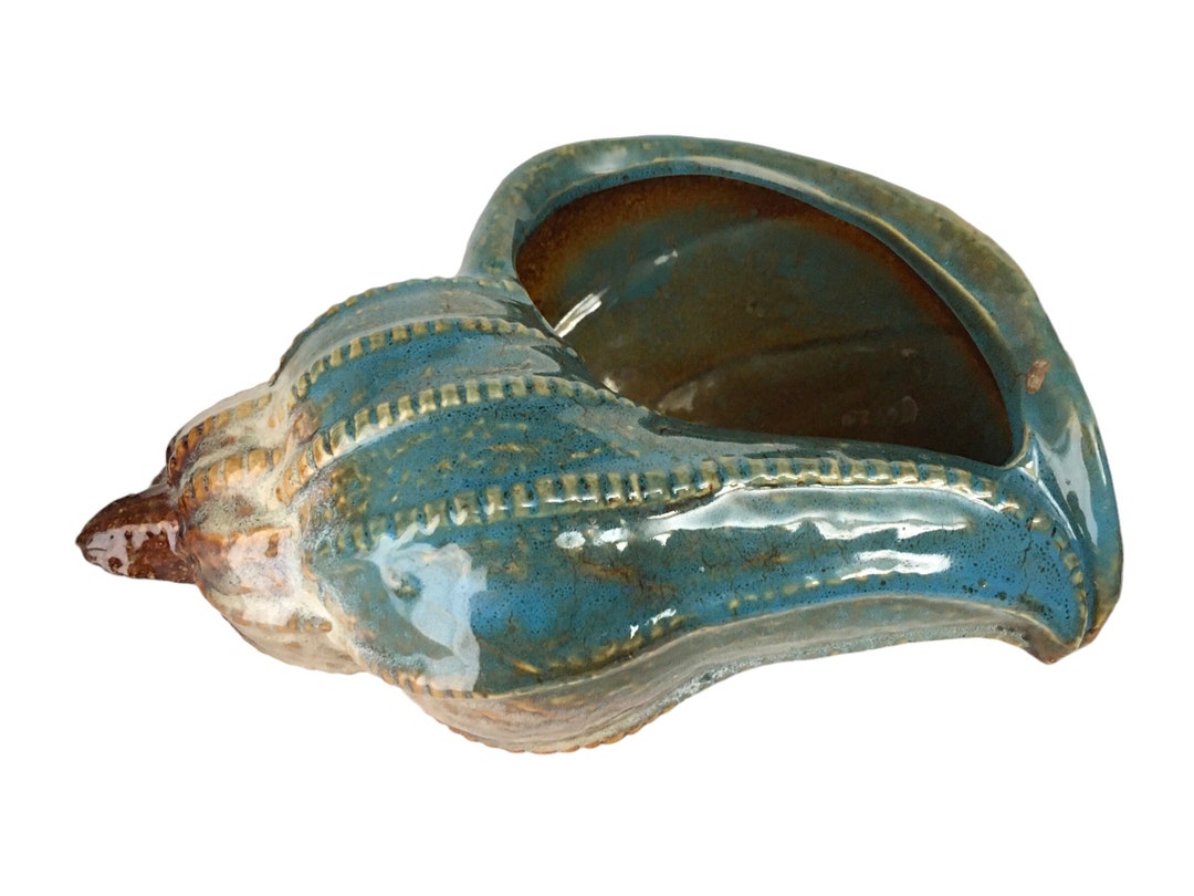 Conch Shell Planter Brown and Teal Textured Glazed Ceramic - Etsy