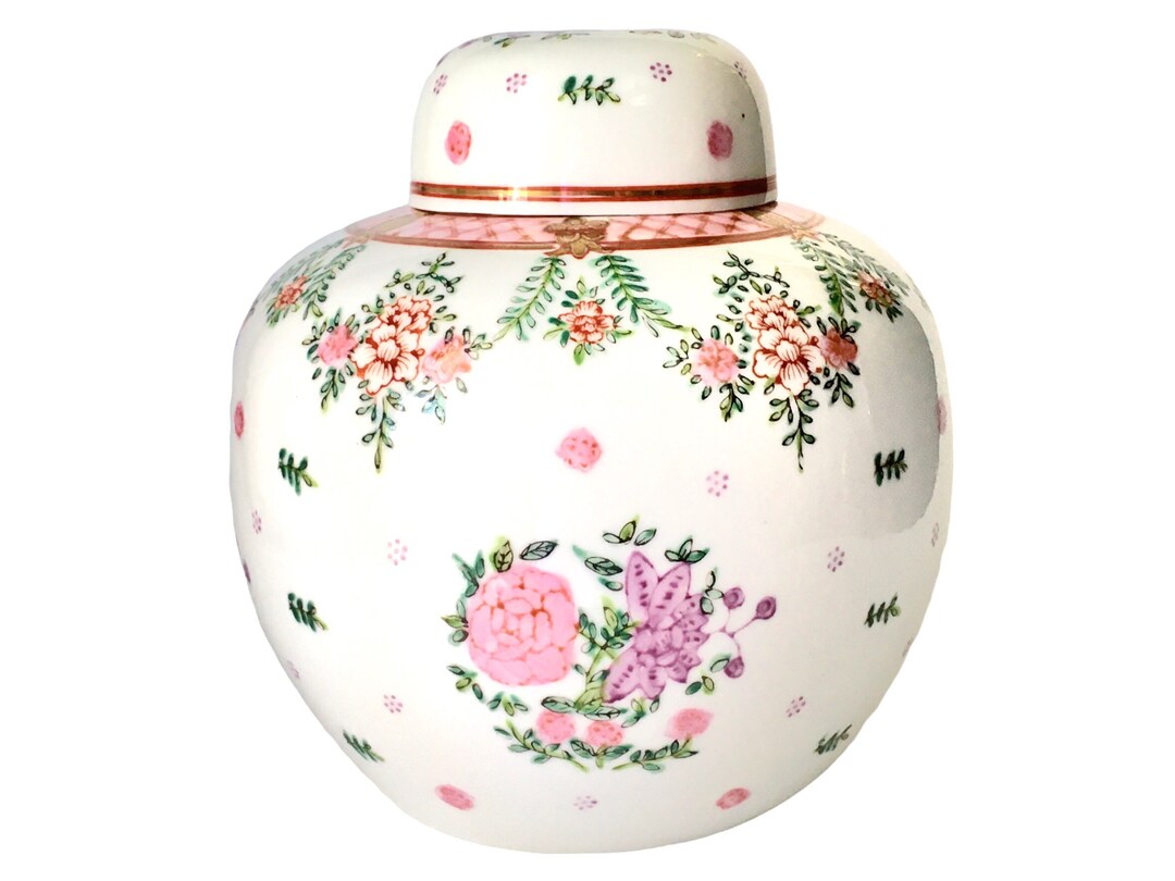 Vintage Japanese Porcelain Pink Floral Lidded Ginger Jar or Temple Jar ...