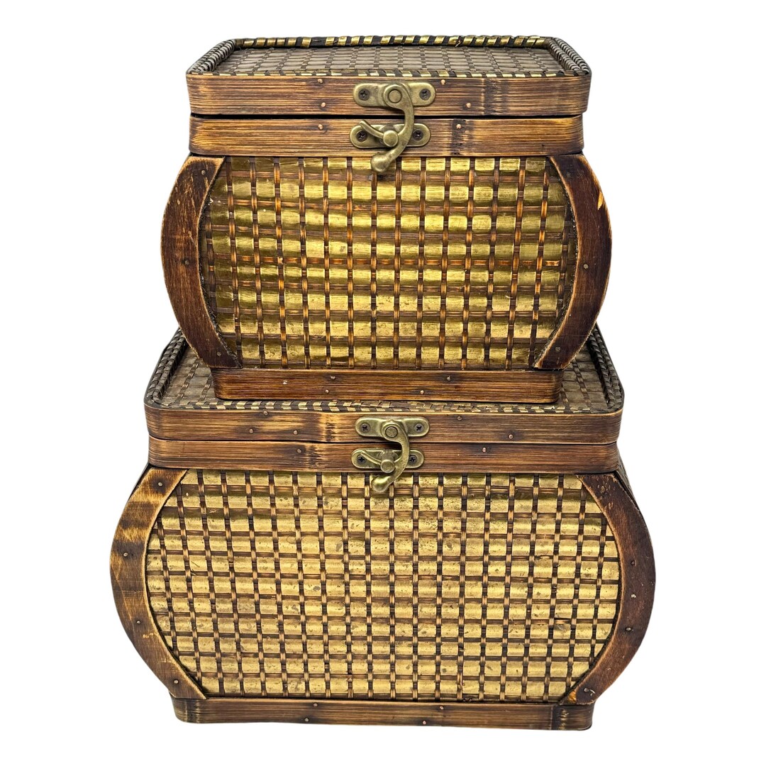 2 Vintage Woven Wood and Brass Gold Metal Decorative Chests Storage ...