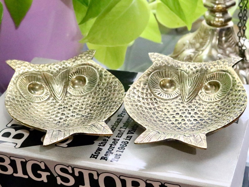 Vintage Brass Owl Trays Pair of 2 Gold Metal Textured - Etsy