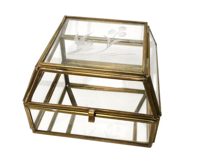 Vintage Etched Glass and Brass Edge Box With Mirror Bottom and Hinged ...