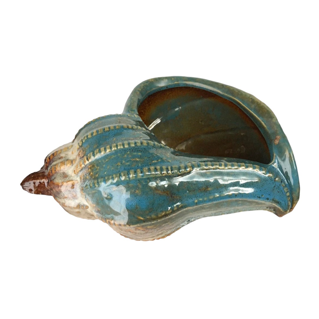 Conch Shell Planter - Brown and Teal Textured Glazed Ceramic - Ocean ...