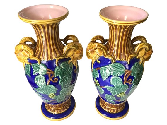 Vintage Pair of Majolica Ram Head Vases - Etsy