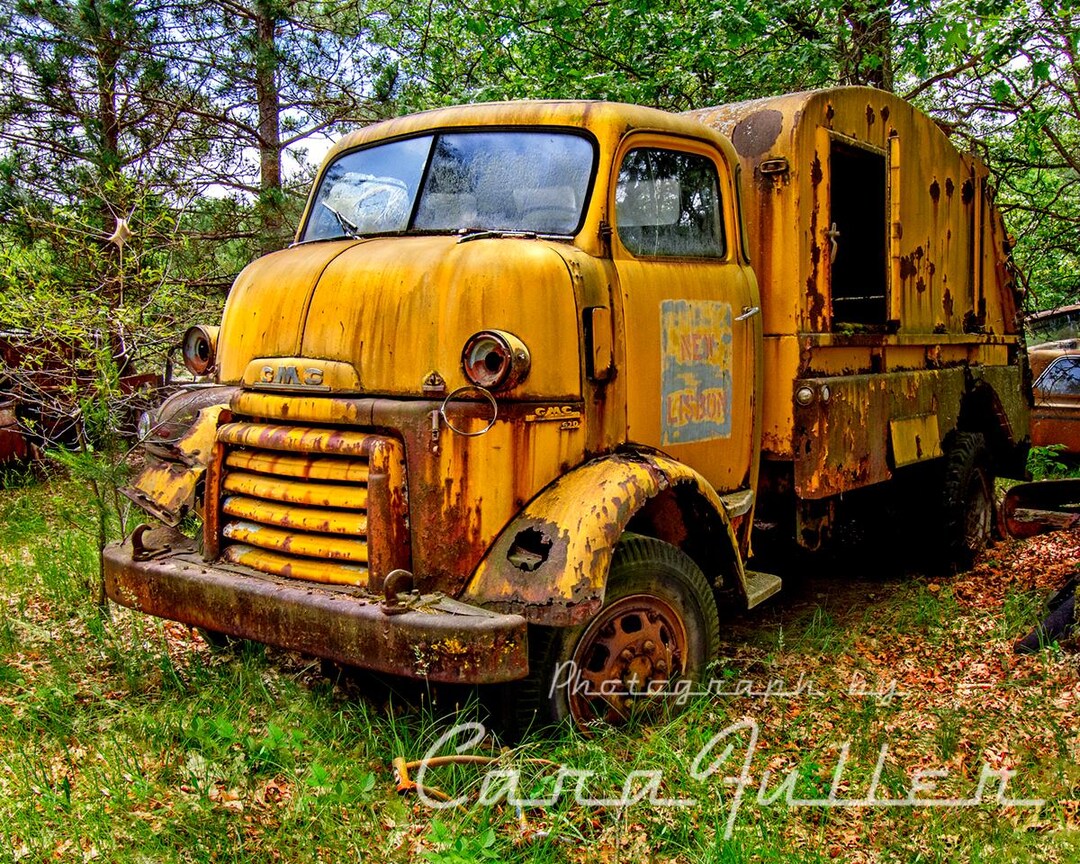 Photograph of a Yellow 1948-1954 GMC Garbage Truck in the Woods - Etsy