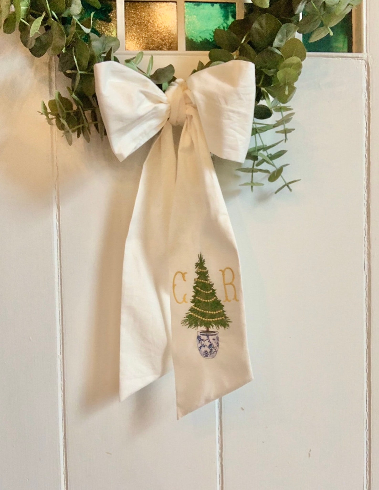 Chinoiserie Christmas Tree Wreath Sash - Holiday Decor, Blue and White ...
