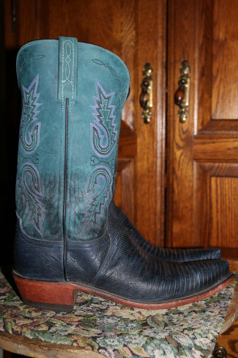 Lucchese ~ Western Boots ~ Blue Stonewash Goat ~ Lizard ~ Beautiful ...