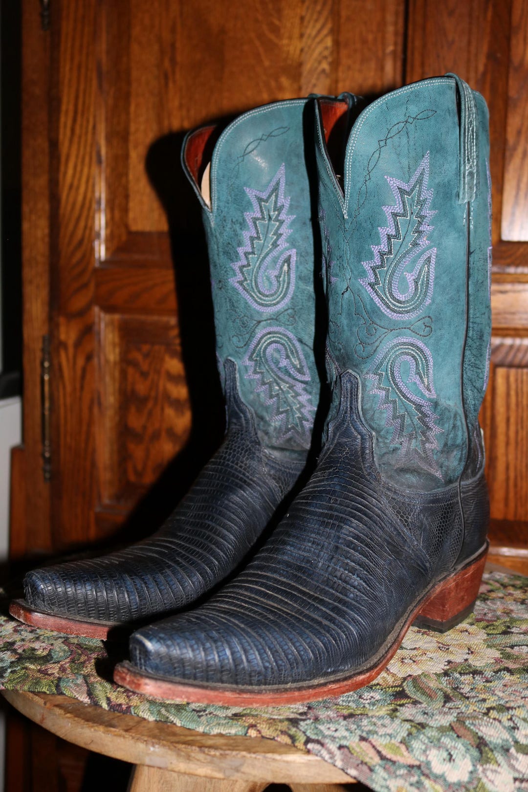 Lucchese ~ Western Boots ~ Blue Stonewash Goat ~ Lizard ~ Beautiful ...