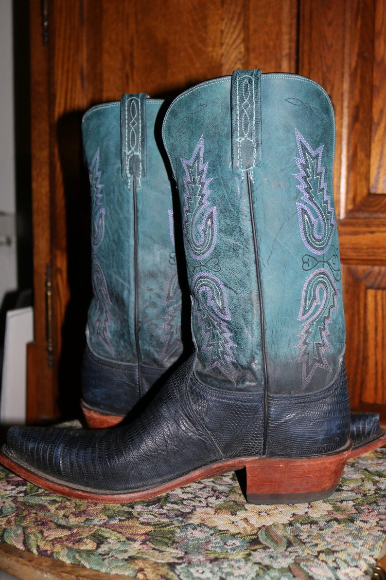 Lucchese ~ Western Boots ~ Blue Stonewash Goat ~ Lizard ~ Beautiful ...