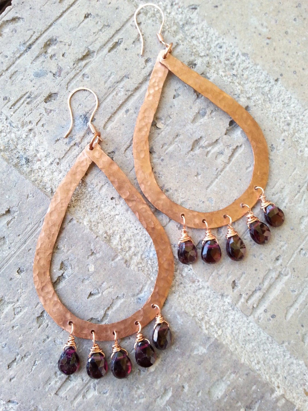 Hammered Copper Wire Teardrop Hoop Earrings With Wire Wrapped Garnet ...