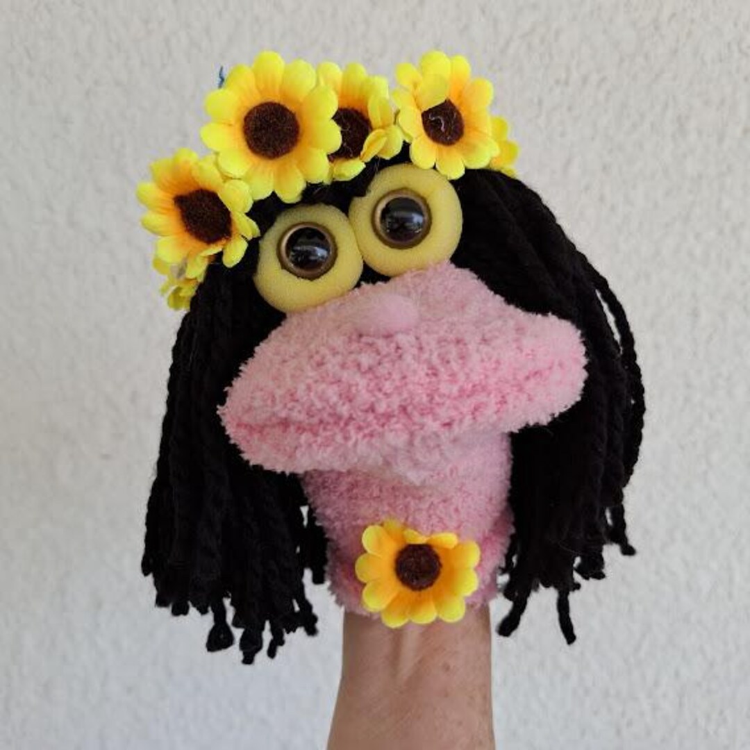 Unique Sock Puppet Black Hair Girl With Sunflowers Hair Decoration ...