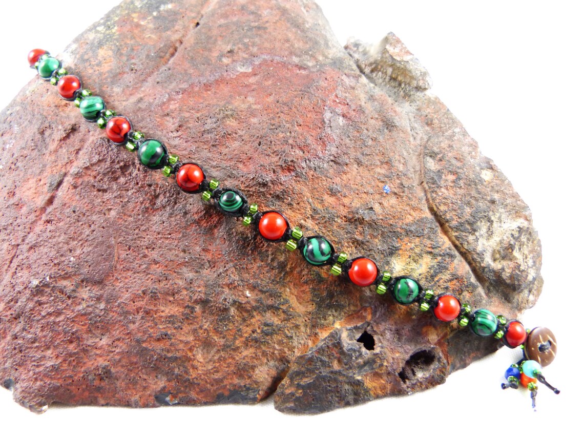 Anklet Green Malachite Macrame Thailand Red Boho Tribal Surfer | Etsy