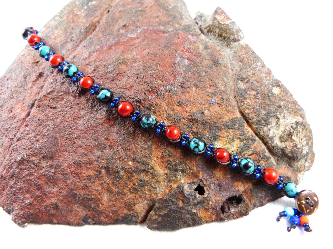 Anklet Turquoise Micro Macrame Thailand Red Boho Tribal Surfer | Etsy