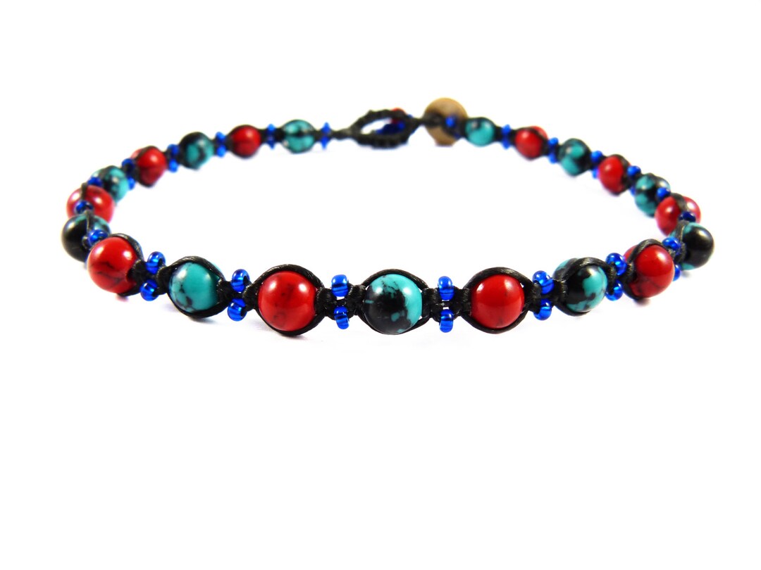 Anklet Turquoise Micro Macrame Thailand Red Boho Tribal Surfer - Etsy