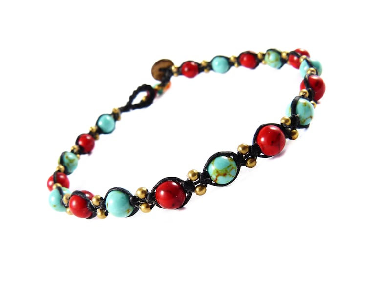 Anklet Turquoise Red Beads Macrame Thailand Boho Tribal Surfer - Etsy