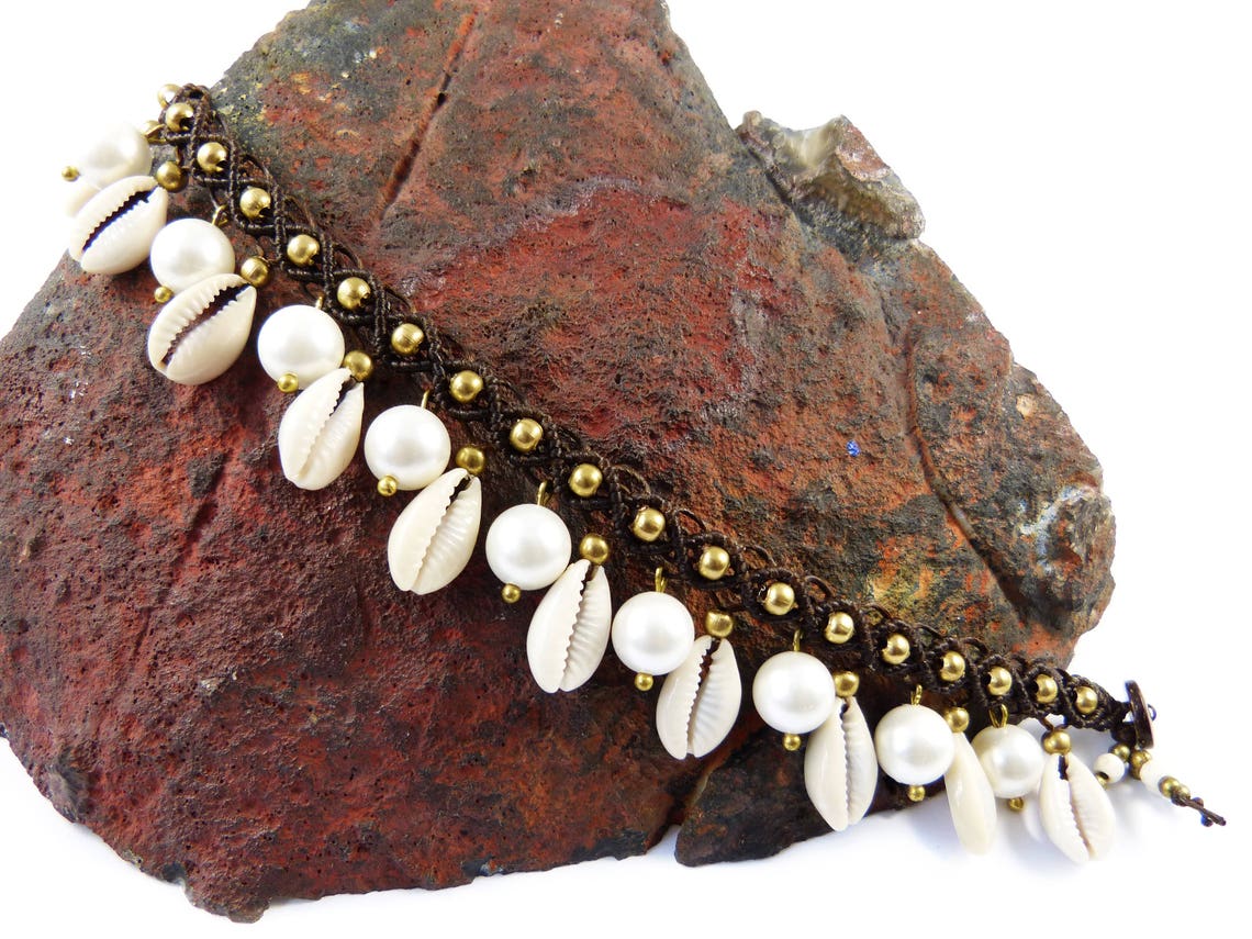 Cowrie Shells Anklet Real Pearls Macrame Thailand White Tribal | Etsy