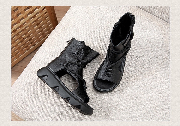 Women Platform Sandals Black Leather Sandals BootiesOxford | Etsy