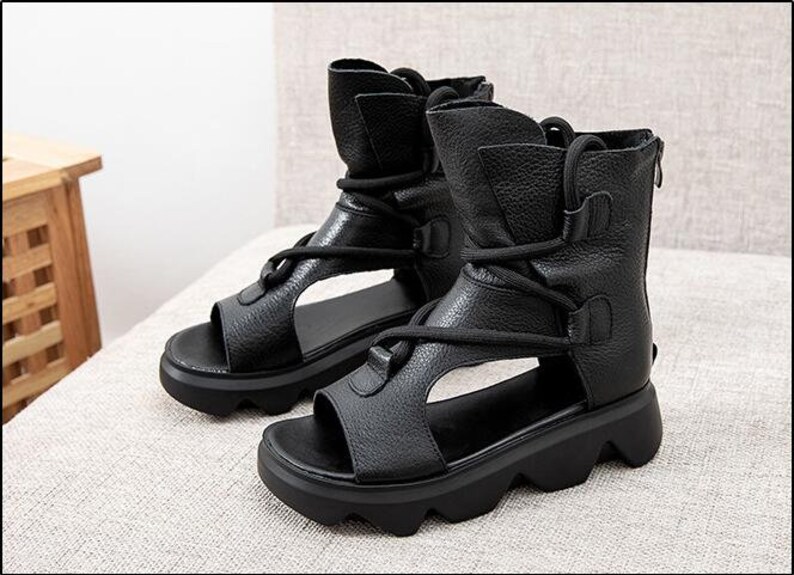 Women Platform Sandals Black Leather Sandals BootiesOxford | Etsy