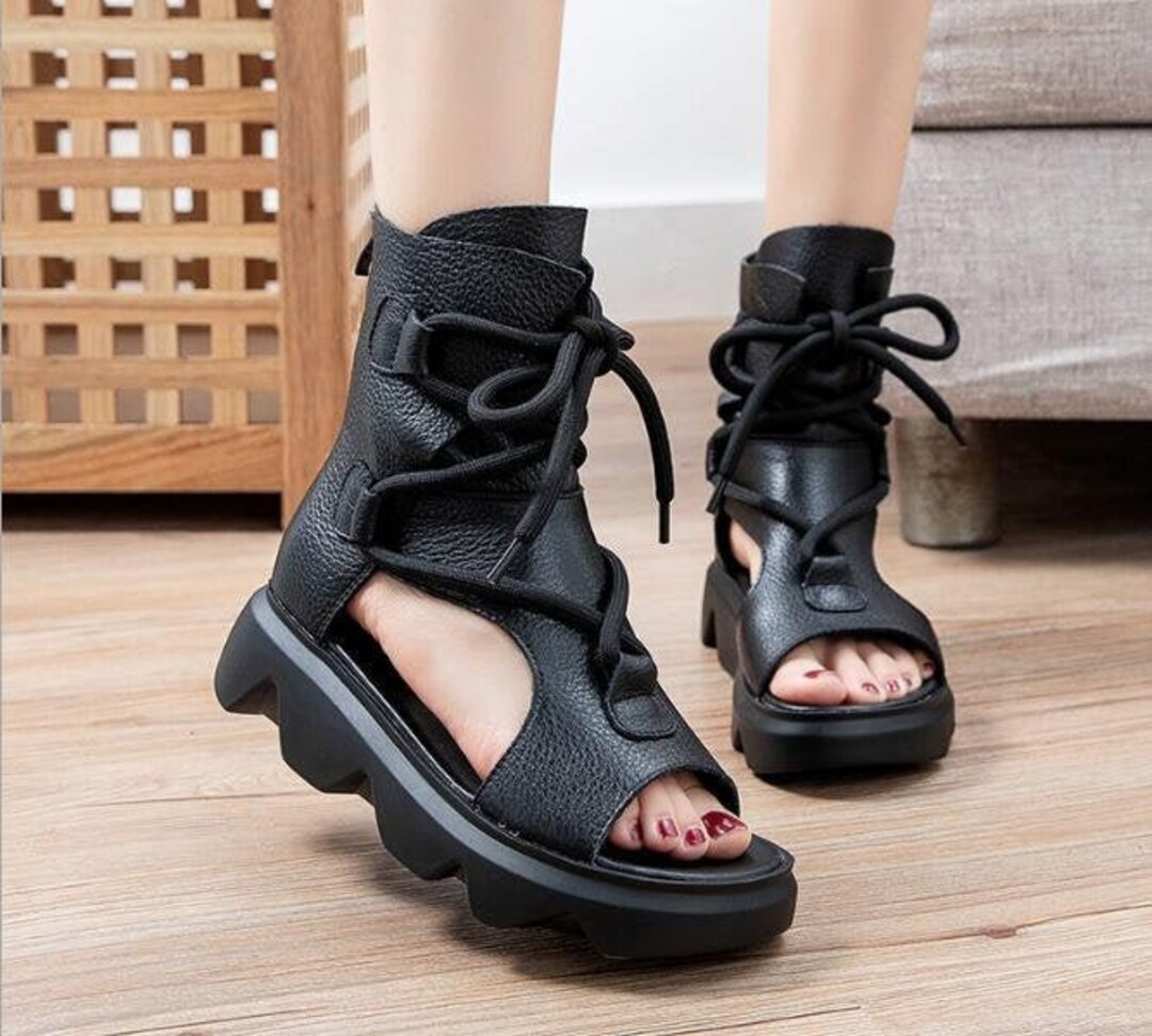 Women Platform Sandals, Black Leather Sandals Booties,oxford Retro ...