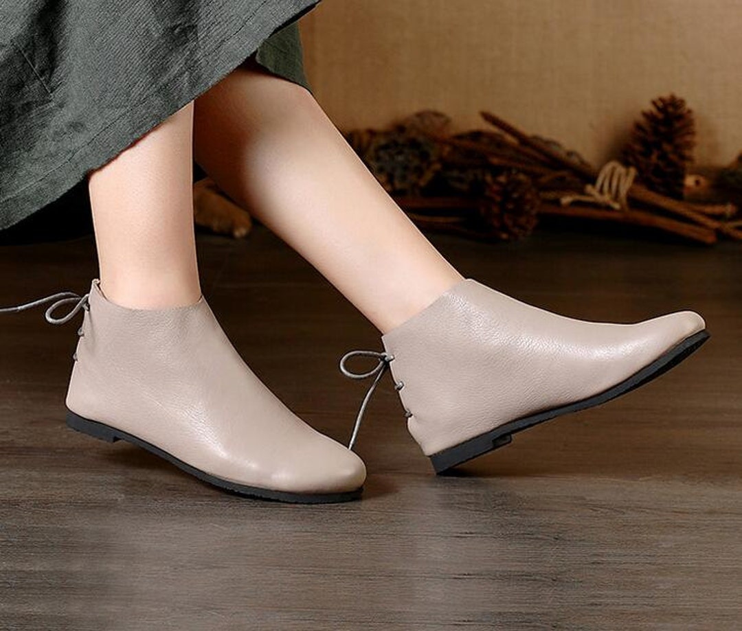 Handmade Gray Shoes,ankle Boots,oxford Women Fall Shoes, Flat Tie-back ...