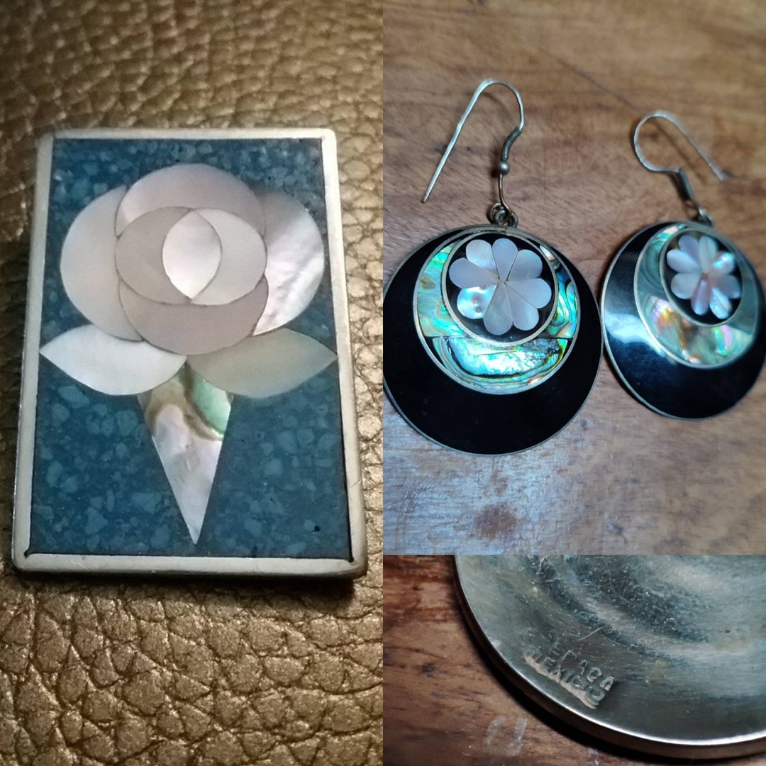 ALPACA Mexico Silver Abalone Flower and Stylized Rose Handcrafted ...