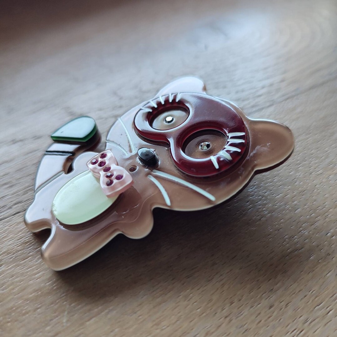 Acetate Totem Animal Raccoon Brooch Garnet Brown Pink and Pale Green ...
