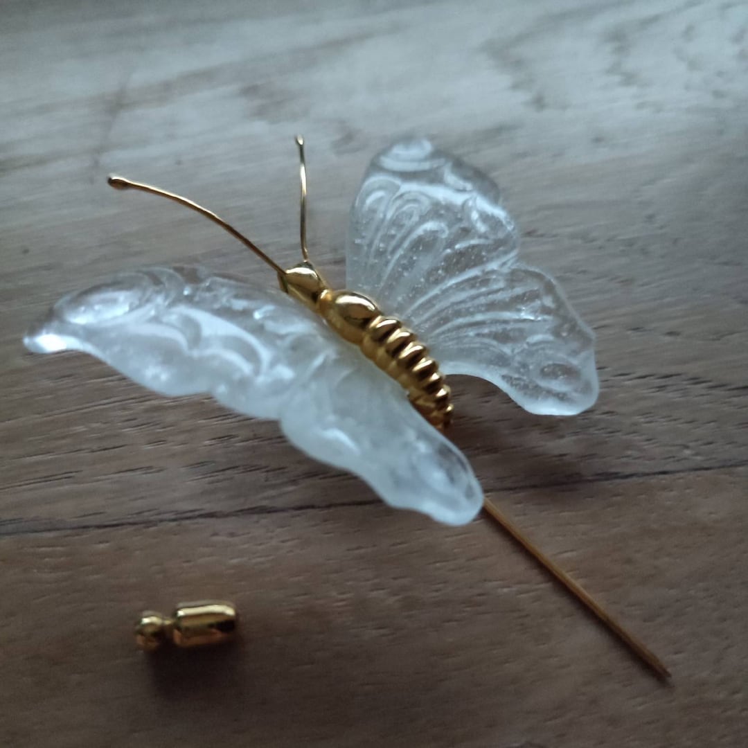 DAUM Butterfly Pin White Translucent Glass Paste, Gold-plated Brass ART ...