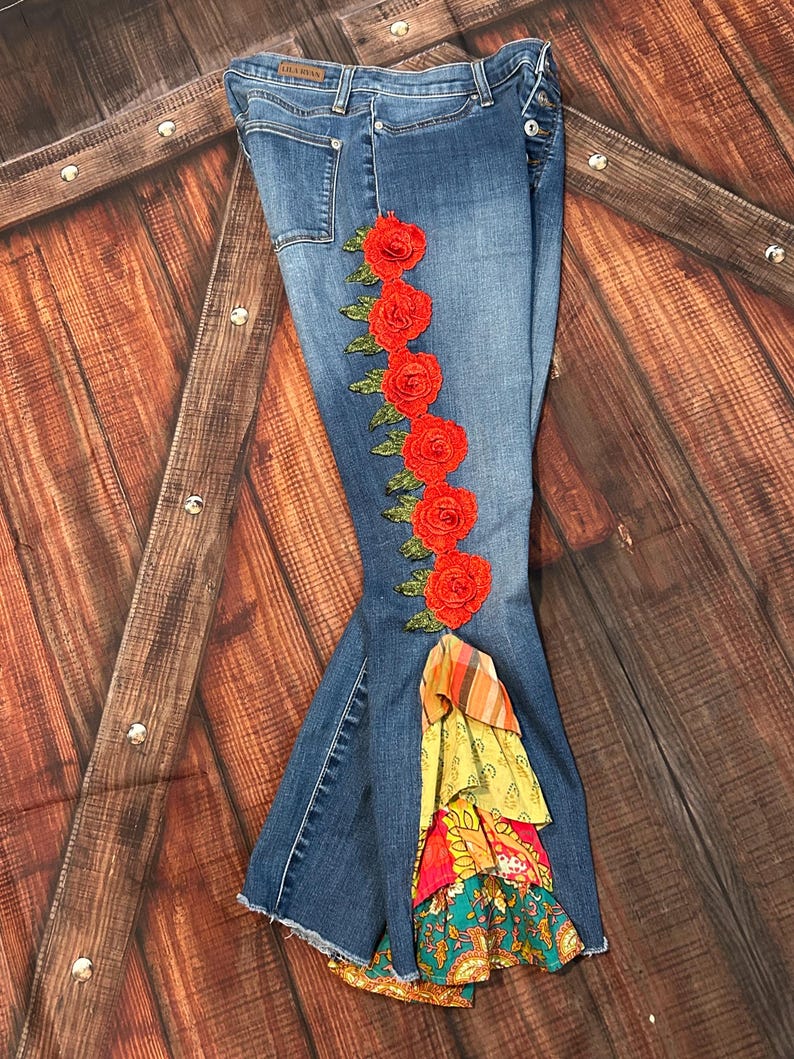 Upcycled Bell Bottom Jeans: Spanish Flair Ruffle, Size 10 - Etsy