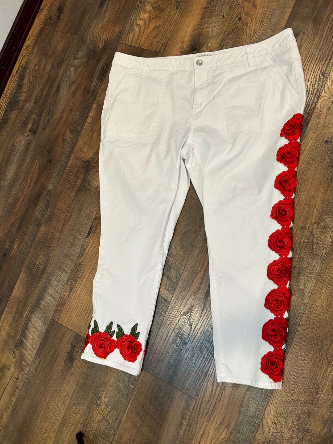 Hand Sewn Red Rose Appliqued Jeans - Size 20 Floral Pants - Etsy