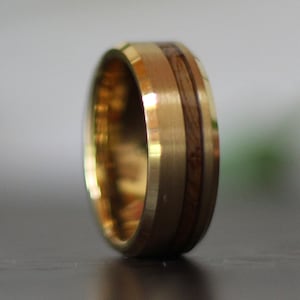 Gold Tungsten Wedding Band With Whiskey Wood Inlay, Gold Mens Wedding ...