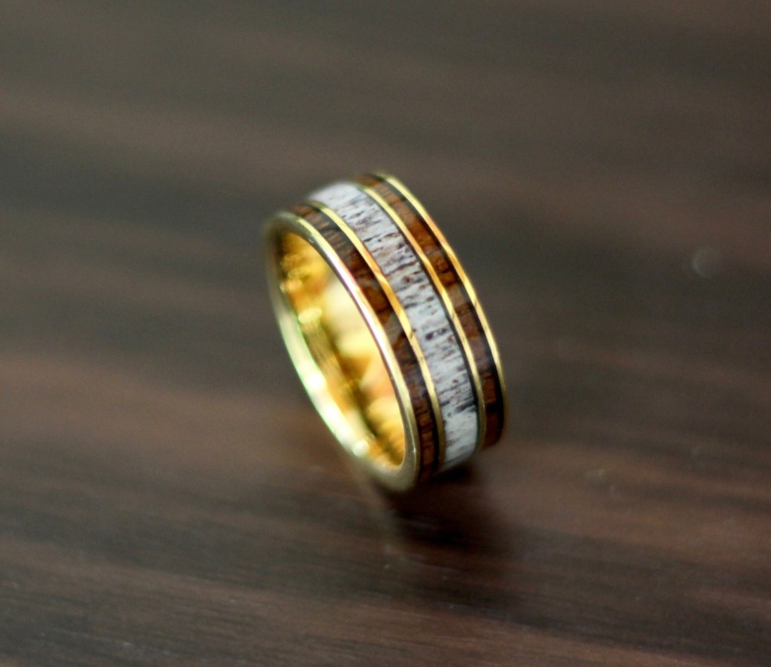 Gold Tungsten Wedding Band With Antler Wood Inlay, Gold Mens Wedding ...